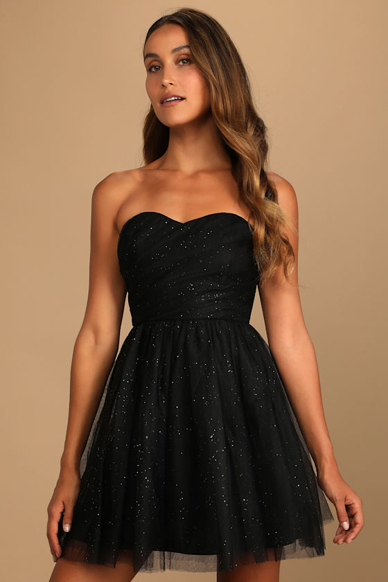 Black Skater Dress - Strapless Skater Dress - Glitter Mini Dress - Lulus