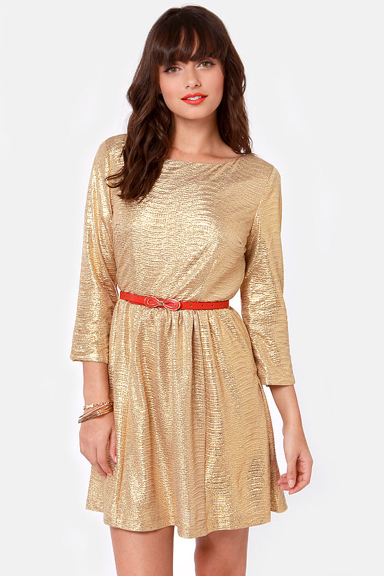 Amazing Metallic Gold Dress - Retro Dress - Skater Dress - $56.00 - Lulus