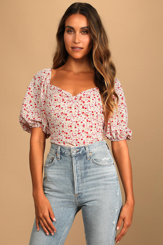 Floral Print Bodysuit - Puff Sleeve Bodysuit - Ruched Bodysuit - Lulus
