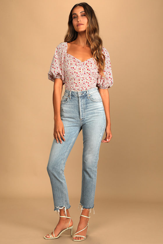 Floral Print Bodysuit - Puff Sleeve Bodysuit - Ruched Bodysuit - Lulus