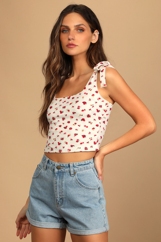 Ivory Floral Print Tank Tie Strap Tank Top Cropped Tank Top Lulus