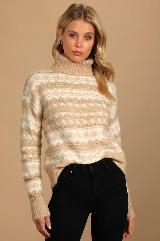 Beige Print Sweater - Pierced Knit Sweater - Turtleneck Sweater - Lulus