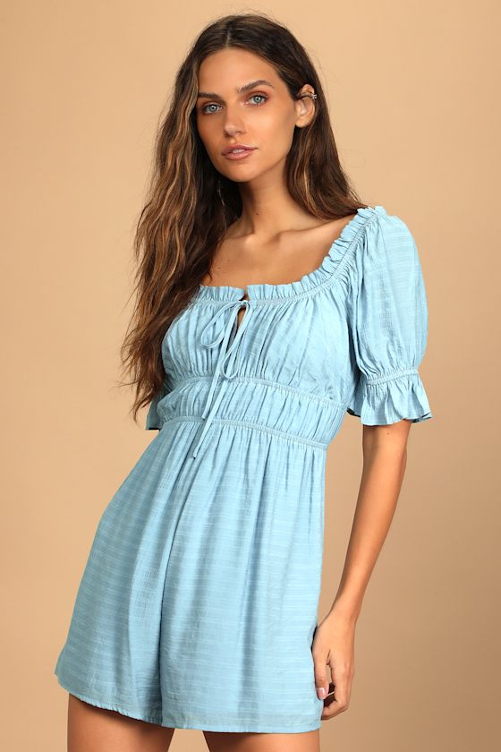 Denim Blue Romper - Ruffled Romper - Short Sleeve Romper - Romper - Lulus