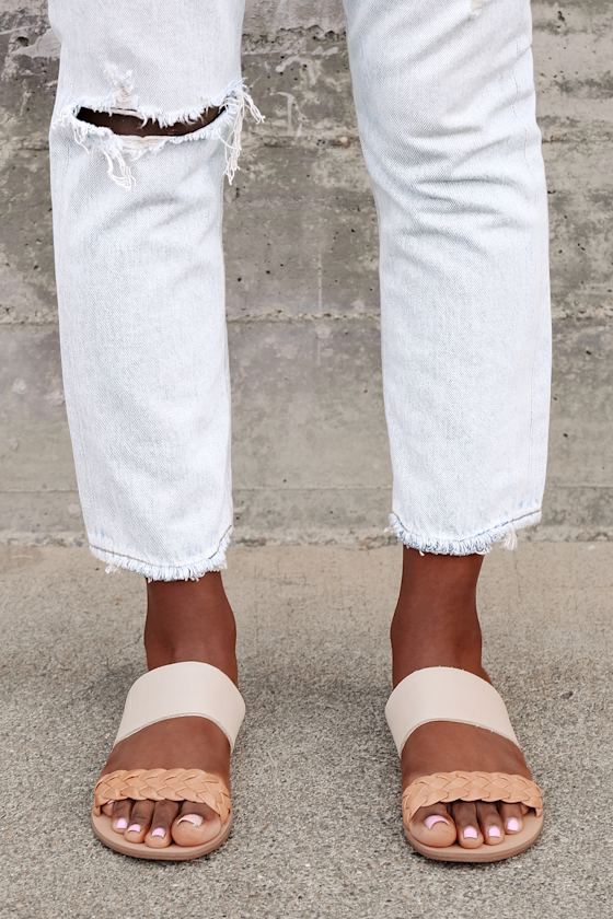 Chic Tan and White Slide Sandals - Leather Slide Sandals - Lulus