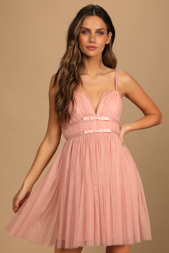 Blush Pink Skater Dress - Plunge Skater Dress - Bow Skater Dress - Lulus