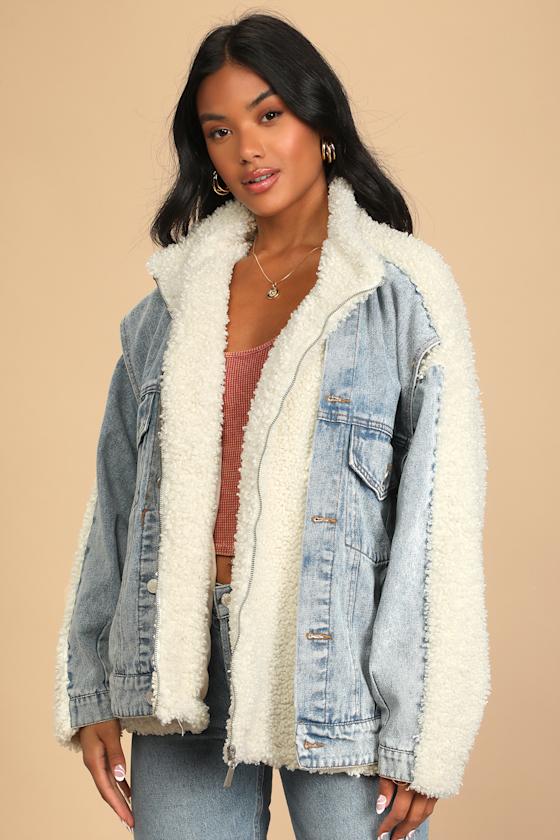 Blank NYC Bear Hug - Denim Shearling Jacket - Fur Trucker Jacket - Lulus
