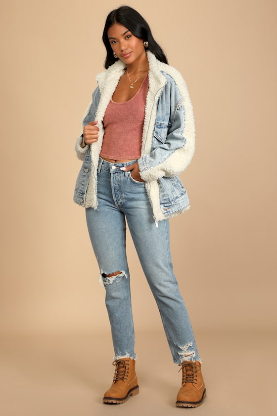 Blank NYC Bear Hug - Denim Shearling Jacket - Fur Trucker Jacket - Lulus