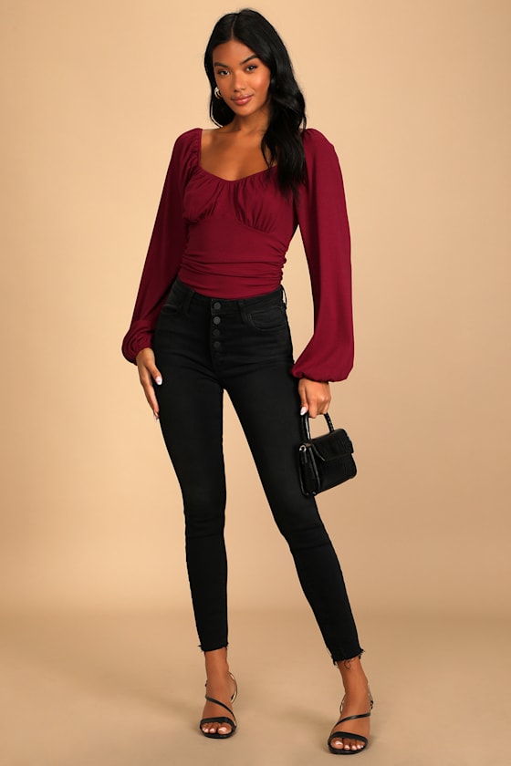 Wine Red Top - Ribbed Top - Long Sleeve Top - Ruched Top - Lulus