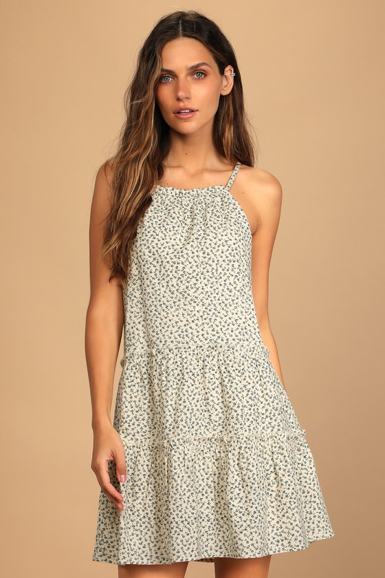 Cream Floral Print Dress Tiered Shift Dress Cotton Mini Dress Lulus