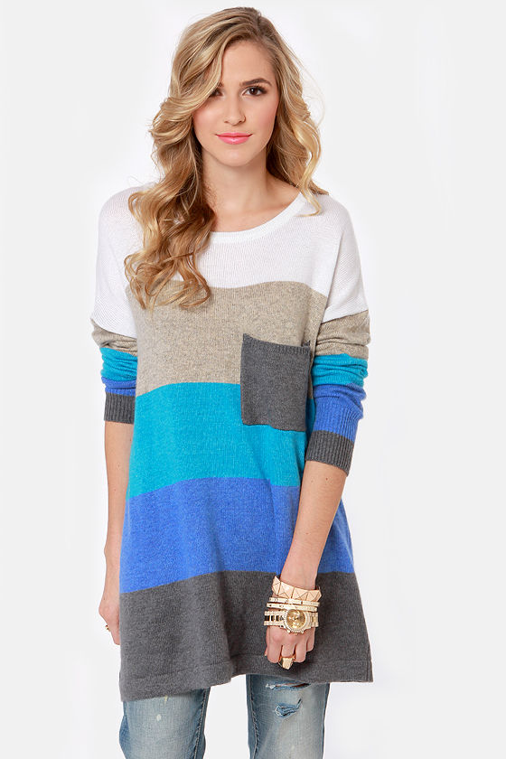 Cozy Oversized Sweater - Color Block Sweater - Blue Sweater - $60.00 ...