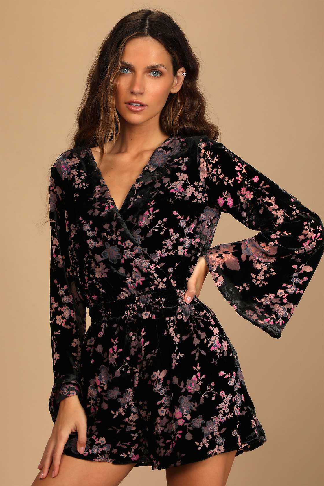 Black Multi Romper - Burnout Floral Romper - Velvet Romper - Lulus