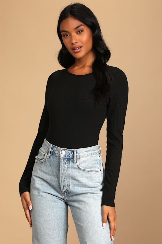 Black Backless Bodysuit - Ribbed Bodysuit - Long Sleeve Bodysuit - Lulus