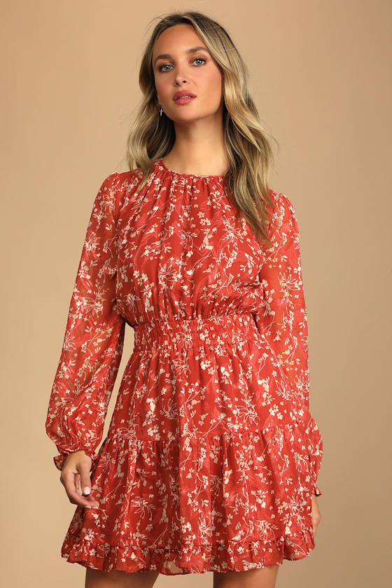Rust Red Dress - Floral Print Dress - Long Sleeve Mini Dress - Lulus
