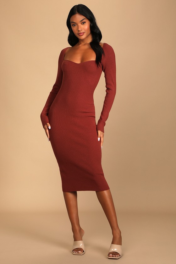 Rust Brown Midi Dress - Ribbed Knit Dress - Bodycon Midi Dress - Lulus