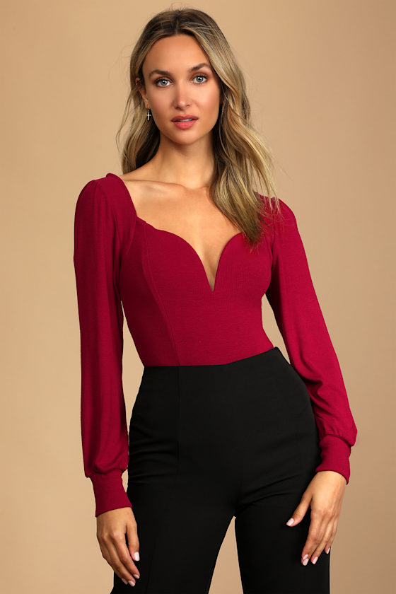 Wine Red Bodysuit Ribbed Long Sleeve Bodysuit Plunge Bodysuit Lulus
