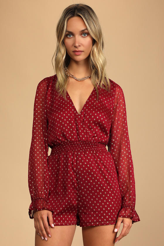 Wine Red and Gold Dot Romper - Chiffon Romper - Evening Romper - Lulus