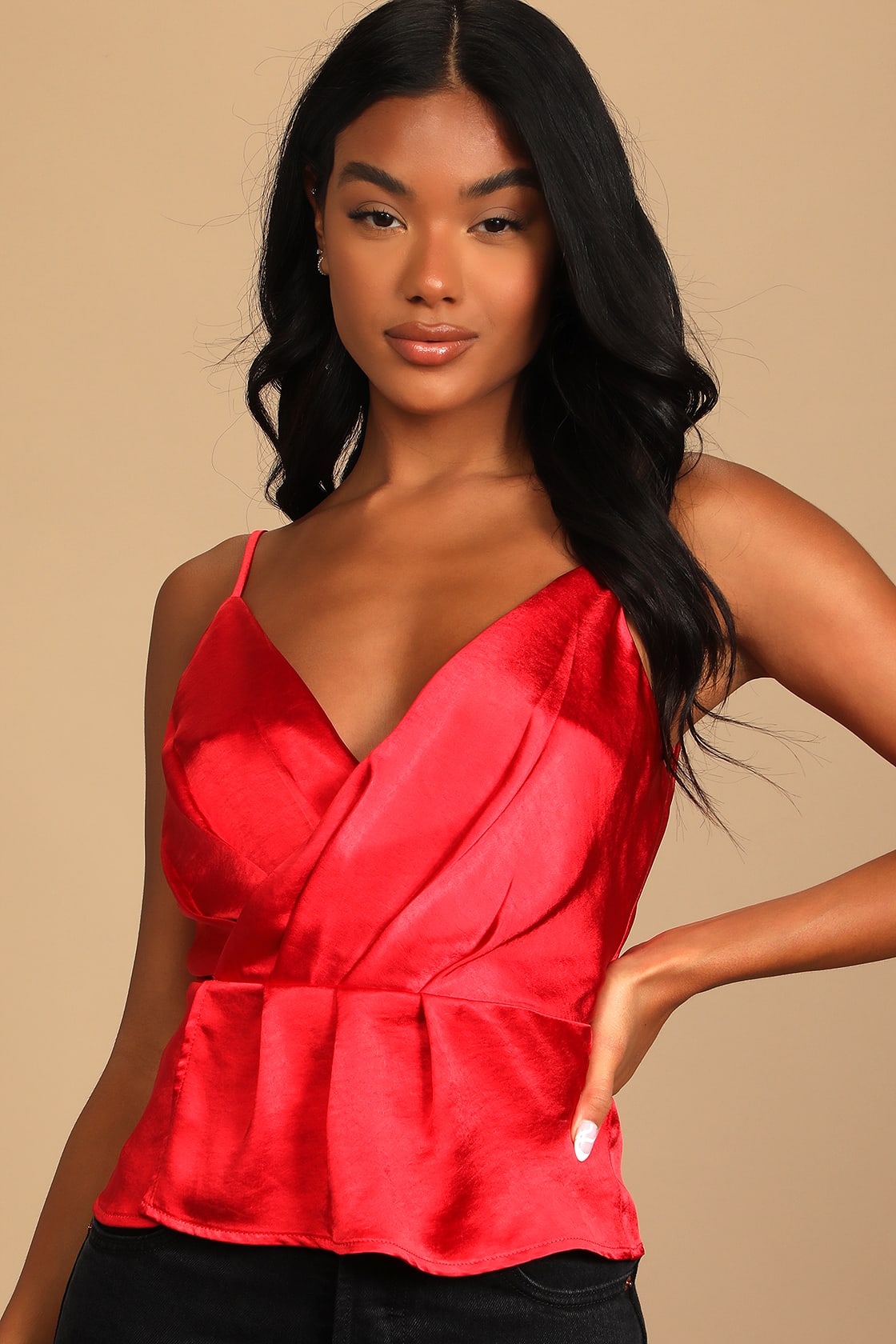 Red Satin Top Satin Cami Top Peplum Tank Top Lulus