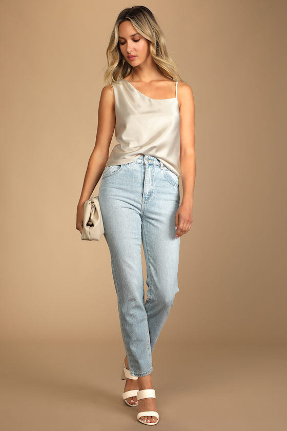 Cream Satin Tank Top - Asymmetrical Tank Top - Women's Tops - Lulus