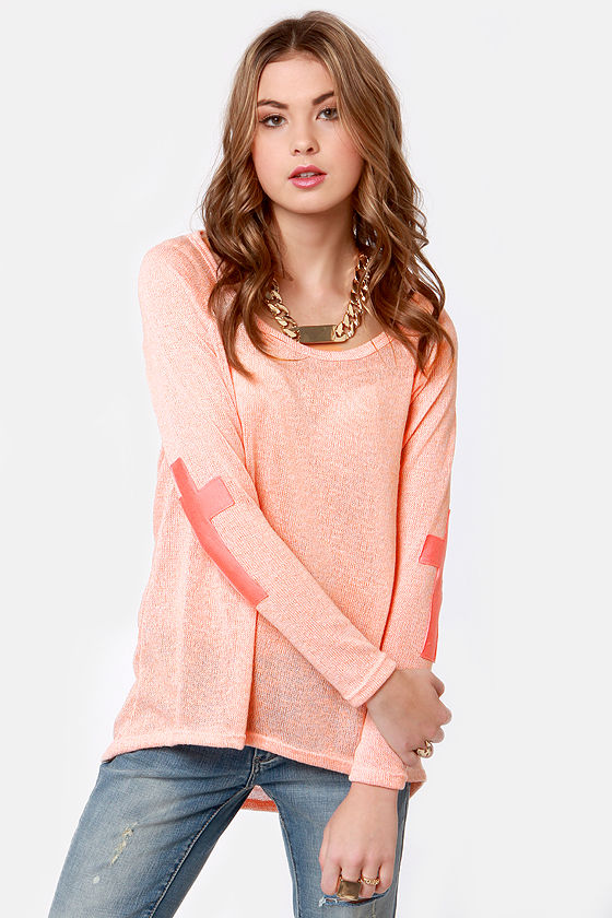 Cute Peach Sweater - Knit Sweater - Elbow Patch Sweater - $40.00 - Lulus