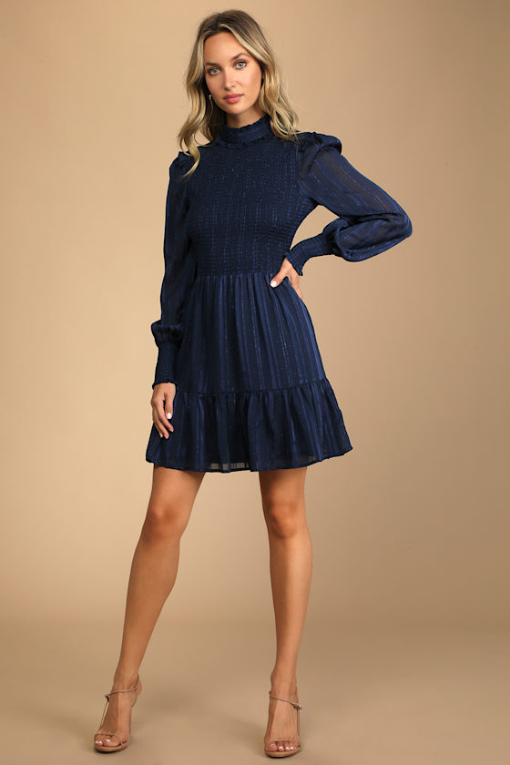 Navy Blue Mini Dress - Mock Neck Mini Dress - Long Sleeve Dress - Lulus
