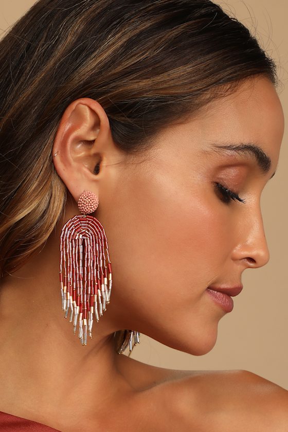Mauve Pink Beaded Earrings - Bead Fringe Earrings - Boho Earrings - Lulus