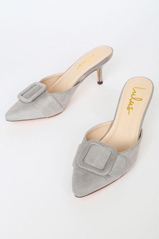 Grey Suede Mules - Pointed-Toe Mules - Buckled Mules - Lulus