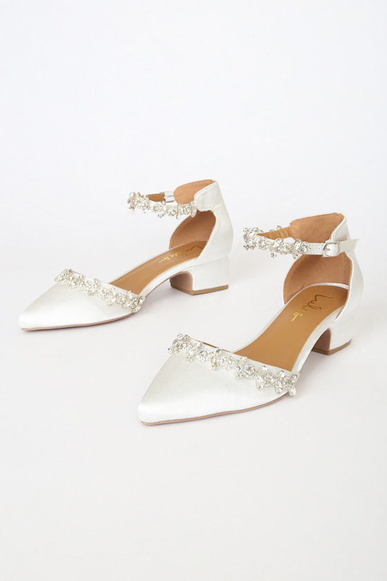 White Satin Heels - Low Block Heels - Rhinestone Heels - Lulus