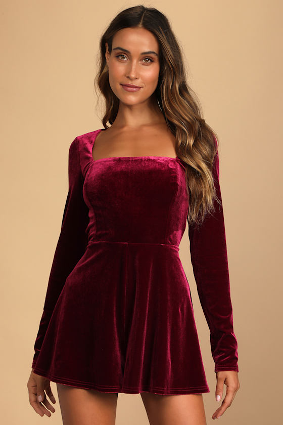 Burgundy Velvet Romper - Long Sleeve Romper - Backless Romper - Lulus