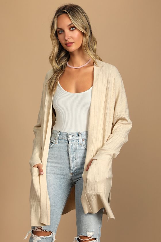 Beige Cardigan Sweater - Ribbed Knit Cardigan - Open Front Cardi - Lulus