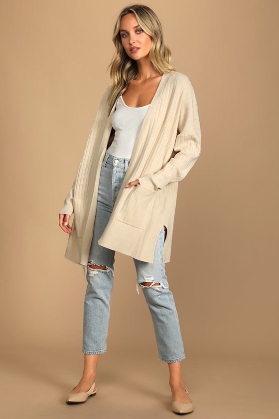 Beige Cardigan Sweater - Ribbed Knit Cardigan - Open Front Cardi - Lulus