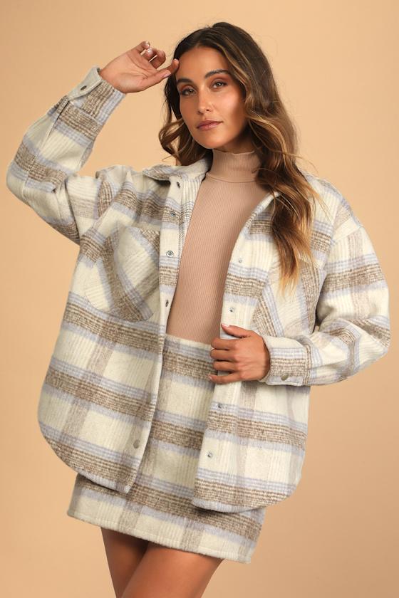 Ivory Plaid Shacket - Brushed Wool Jacket - Women's Shacket - Lulus