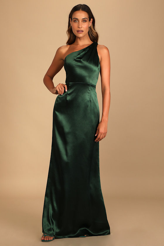 Emerald Green Maxi Dress Satin Maxi Gown One Shoulder Dress Lulus
