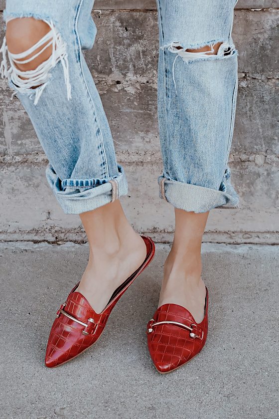 Red Crocodile Embossed Slides - Pointed-Toe Loafers - Loafers - Lulus