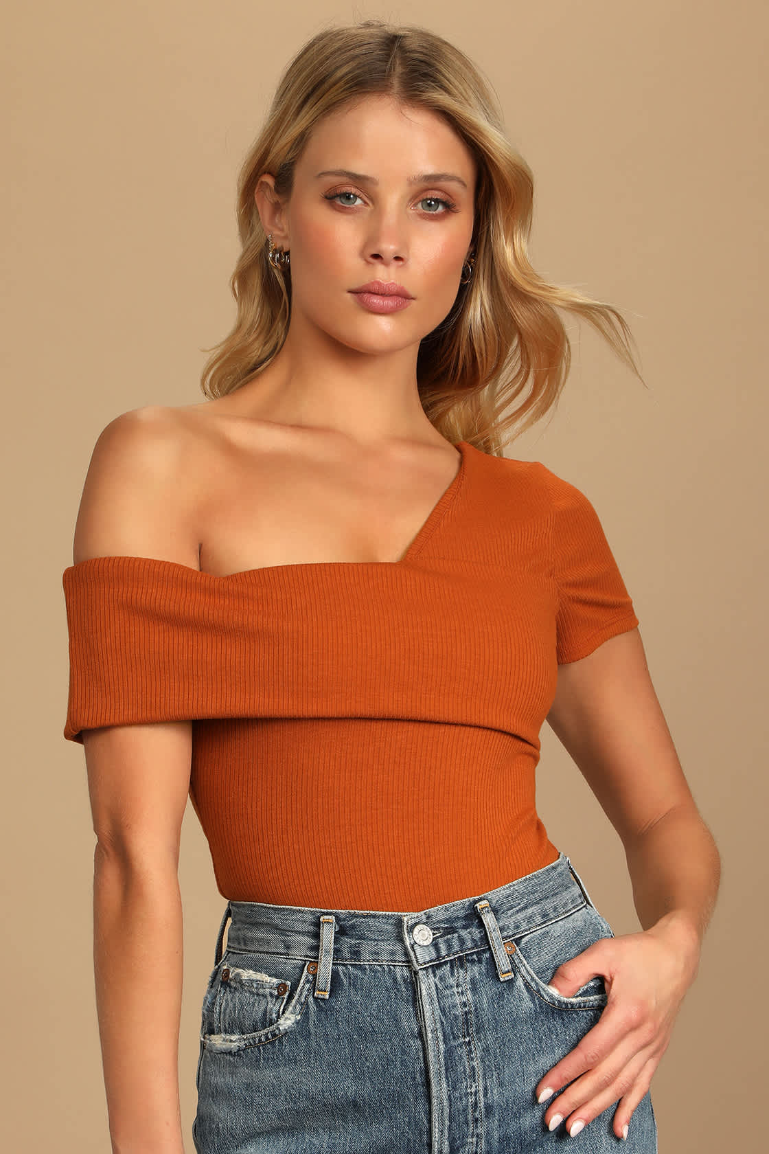 Rust Orange Bodysuit - Ribbed Bodysuit - One Shoulder Bodysuit - Lulus