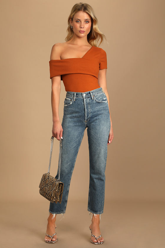 Rust Orange Bodysuit - Ribbed Bodysuit - One Shoulder Bodysuit - Lulus