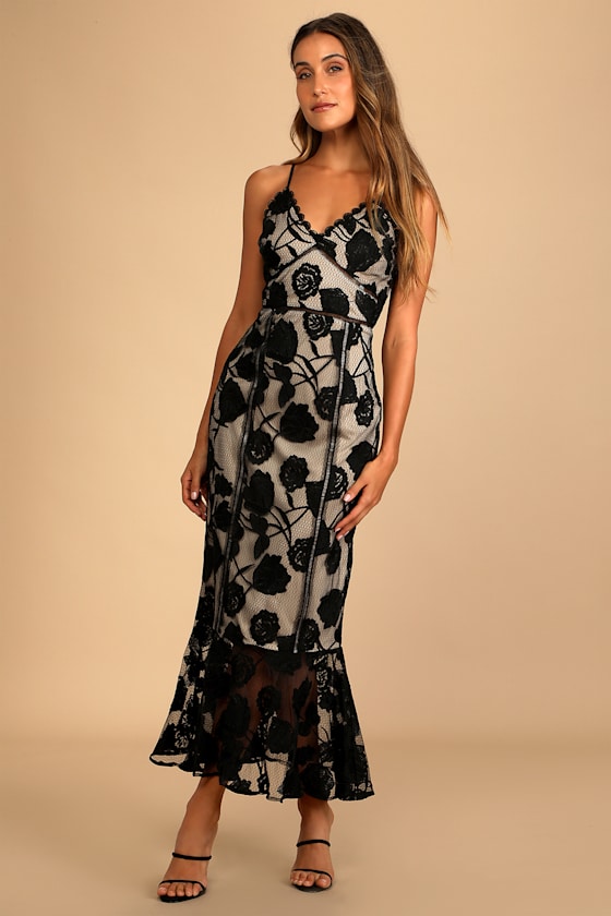 Black Midi Dress - Trumpet Dress - Floral Lace Dress - Lulus