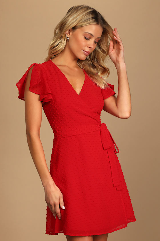 Red Wrap Dress - Swiss Dot Wrap Dress - Wrap Mini Dress - Lulus