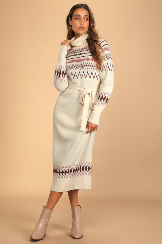 Cream Fair Isle Dress - Knit Turtleneck Dress - Sweater Dress - Lulus