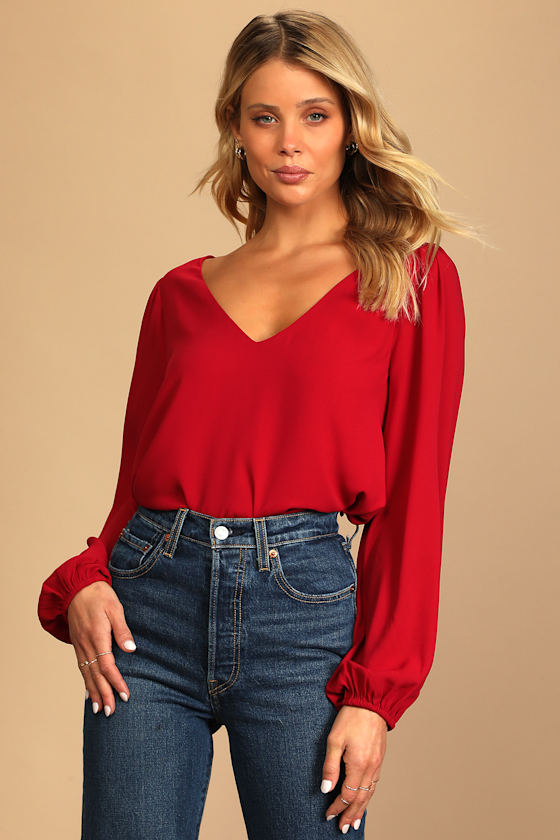 Berry Red Top - V-Neck Top - Long Sleeve Blouse - Women's Tops - Lulus