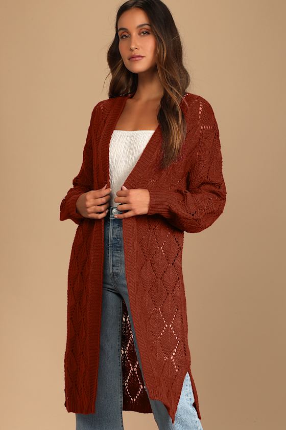 Rust Red Cardigan - Pointelle Knit Cardigan - Cardigan Sweater - Lulus