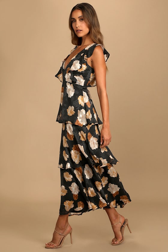 Black Floral Print Dress - Tiered Maxi Dress - Ruffled Dress - Lulus