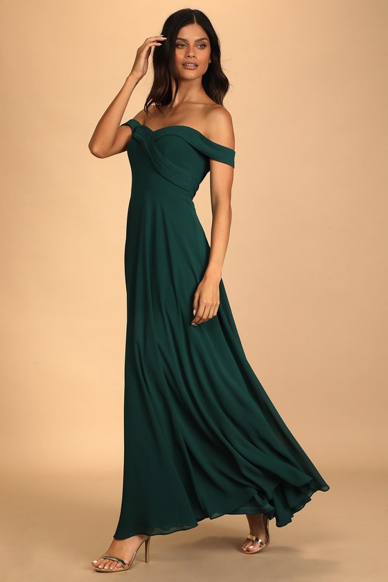 Hunter Green Maxi Dress Off The Shoulder Dress Ots Maxi Dress Lulus