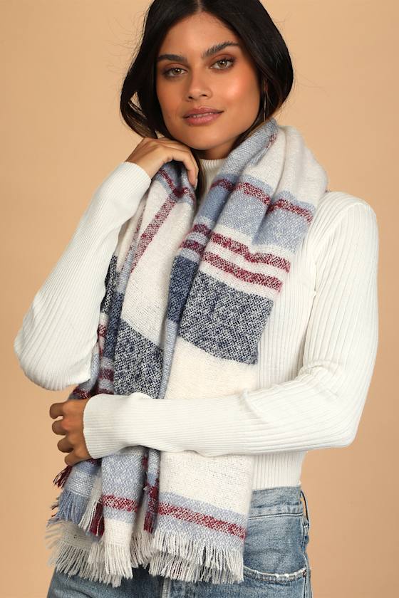 Blue Multi Scarf - Plaid Scarf - Oversized Scarf - Fringe Scarf - Lulus
