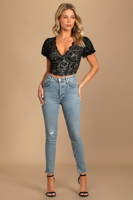 Black Lace Corset Top - Sheer Back Top - Short Sleeve Crop Top - Lulus