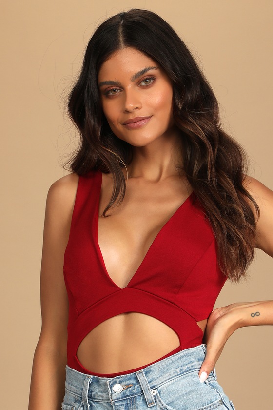 Red Cutout Bodysuit Sleeveless Bodysuit Plunge Bodysuit Lulus