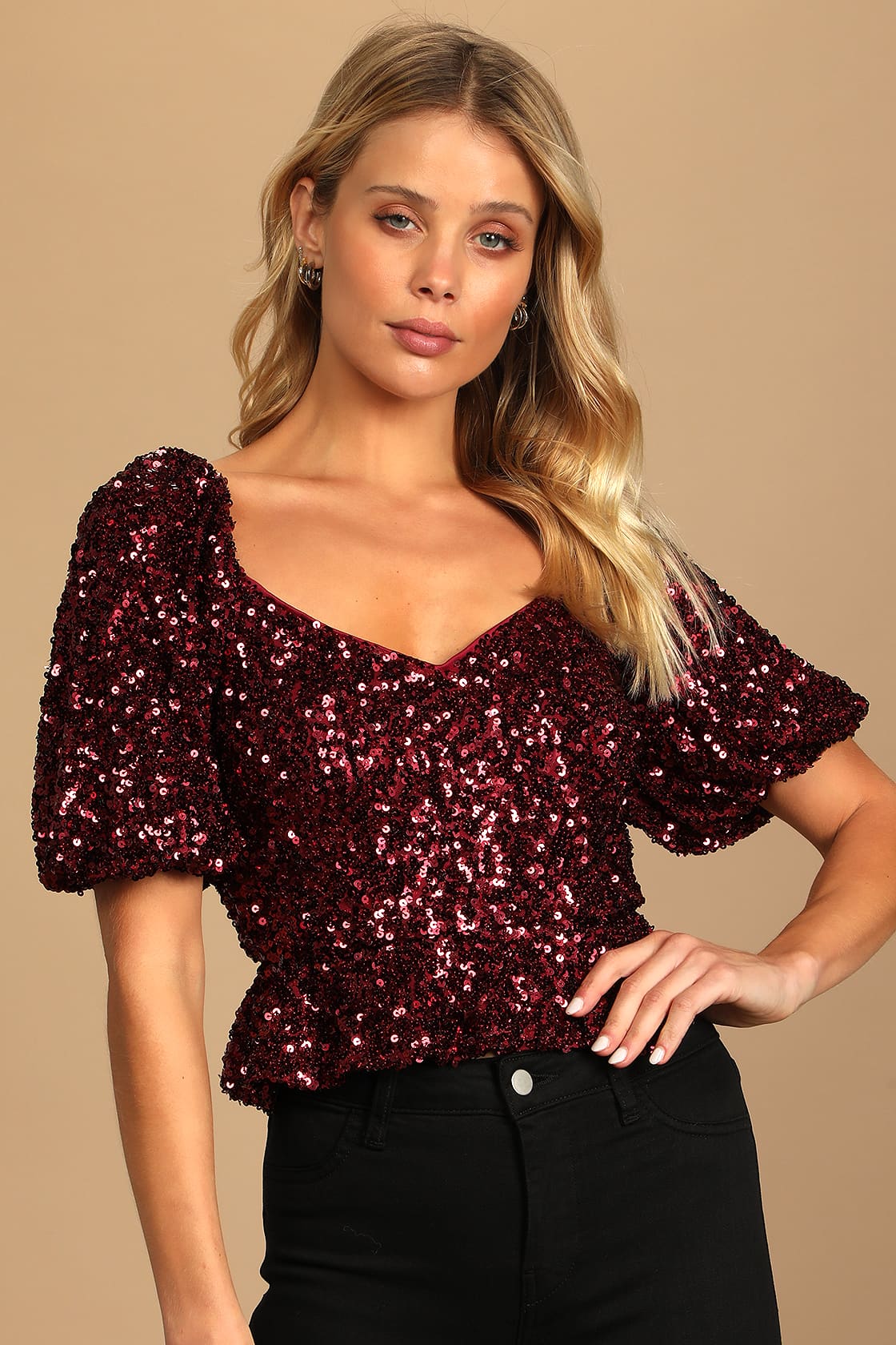 Wine Red Sequin Top - Puff Sleeve Sequin Top - Peplum Sequin Top - Lulus