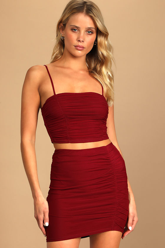 Burgundy Mini Dress - Two-Piece Dress - Ruched Bodycon Dress - Lulus