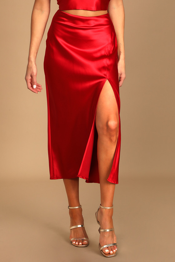 Red Satin Skirt Satin Midi Skirt High Waisted Skirt Skirts Lulus