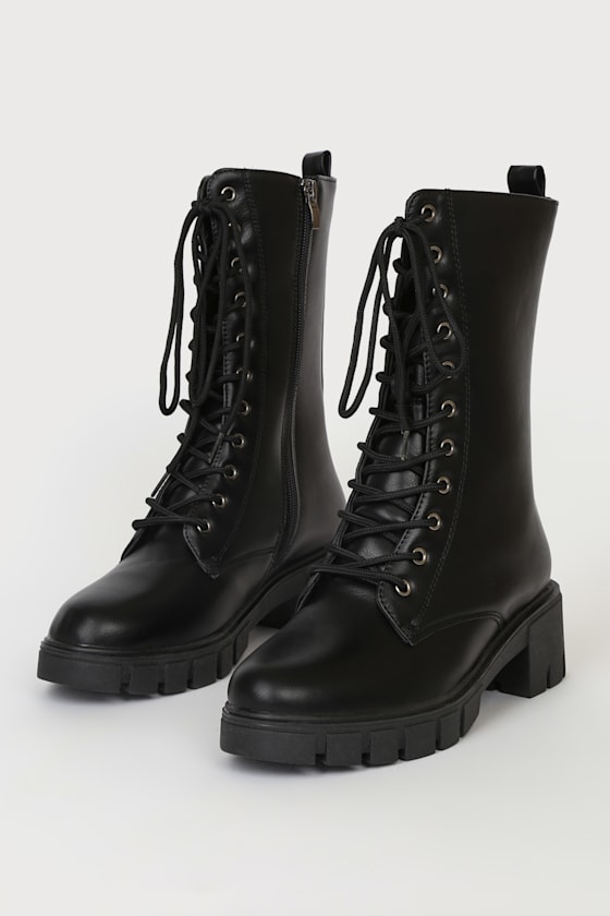 Black Boots - Lace-Up Boots - Mid-Calf Boots - Lug Sole Boots - Lulus