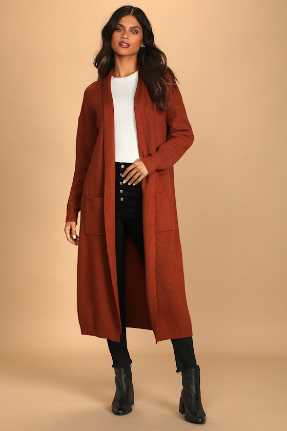 Rust Brown Cardigan - Cardigan Sweater - Duster Cardigan Sweater - Lulus